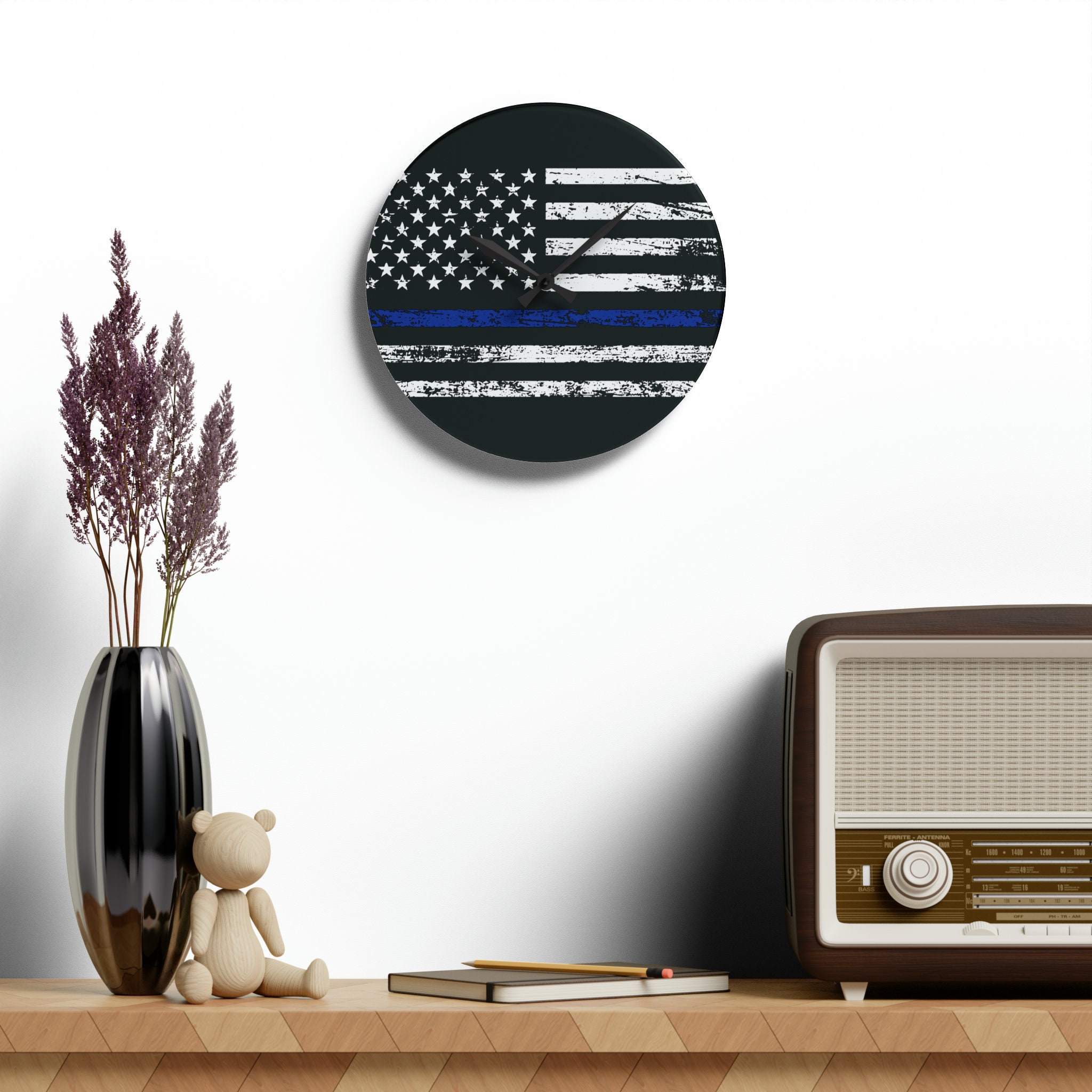 Thin Blue Line Wall Clock, Tattered Thin Blue Line Flag, Back the Blue ...