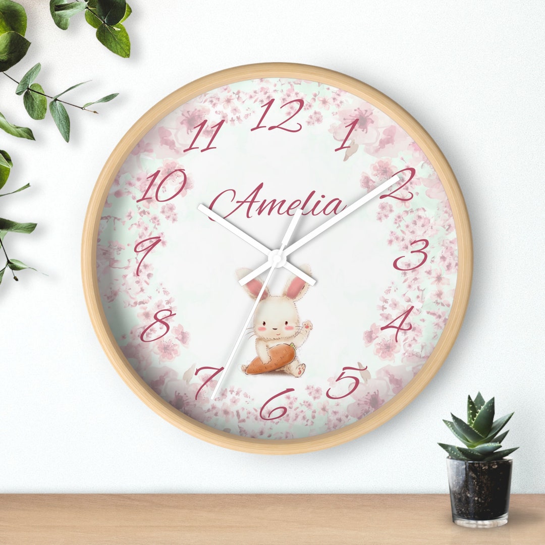 Personalized Bunny Wall Clock Floral Whimsical Rabbit Kids Custom Clock ...