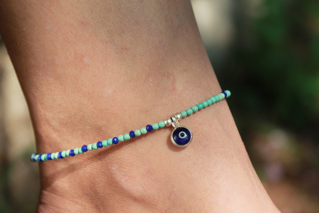 Navy Blue Murano Glass Detailed Turquoise Anklet Handmade Evil Eye ...
