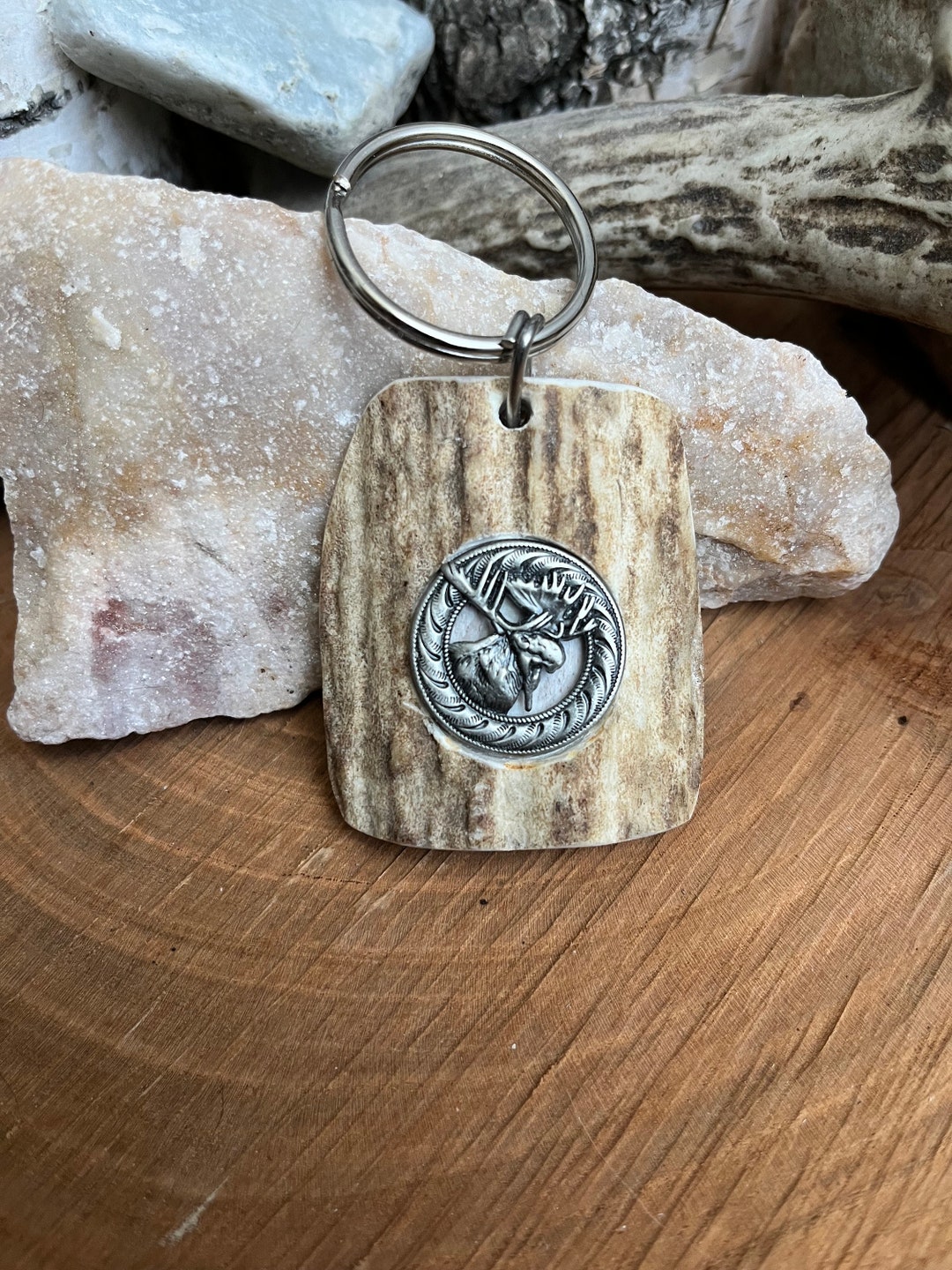 Rustic Elk Shed Antler Keychain With Antiqued Moose Medallion - Etsy
