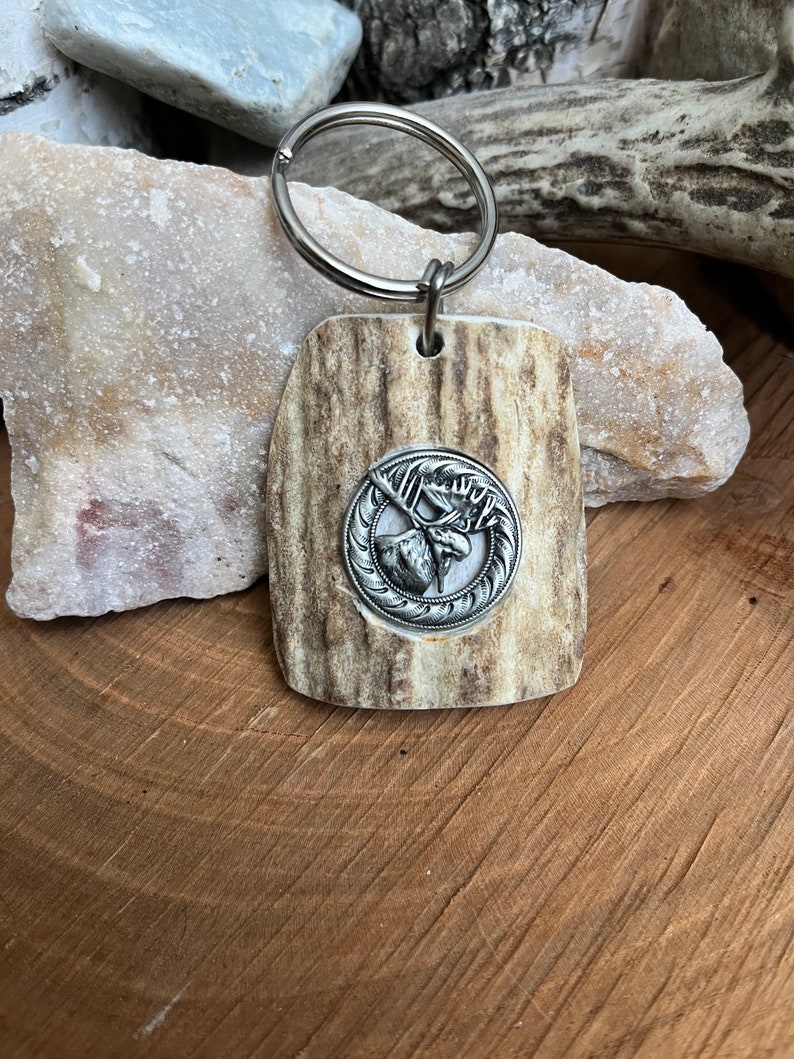 Rustic Elk Shed Antler Keychain With Antiqued Deer Medallion - Etsy