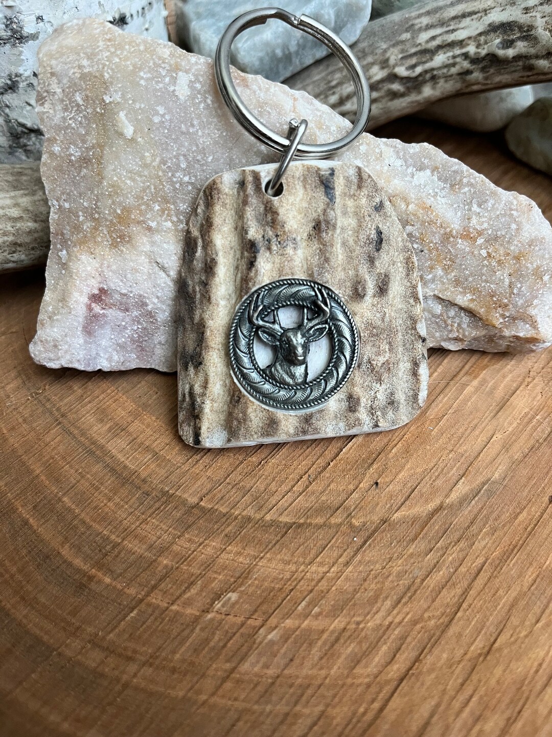 Rustic Elk Shed Antler Keychain With Antiqued Deer Medallion - Etsy