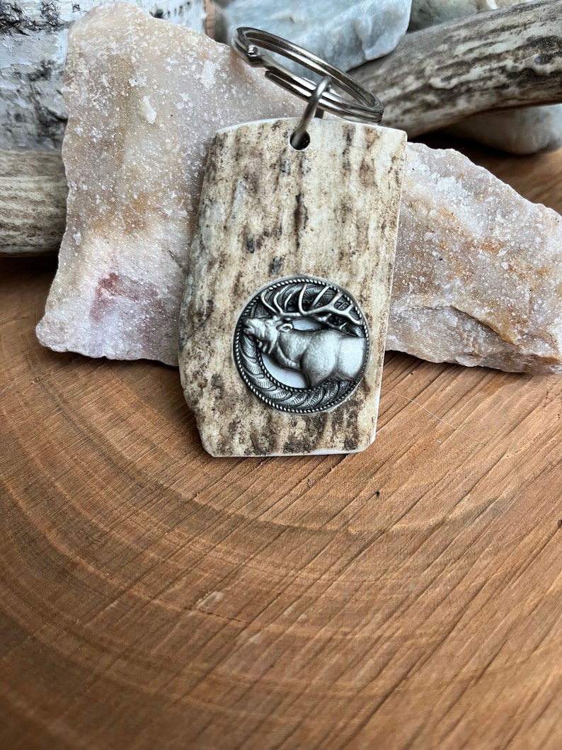 Rustic Elk Shed Antler Keychain With Antiqued Deer Medallion - Etsy