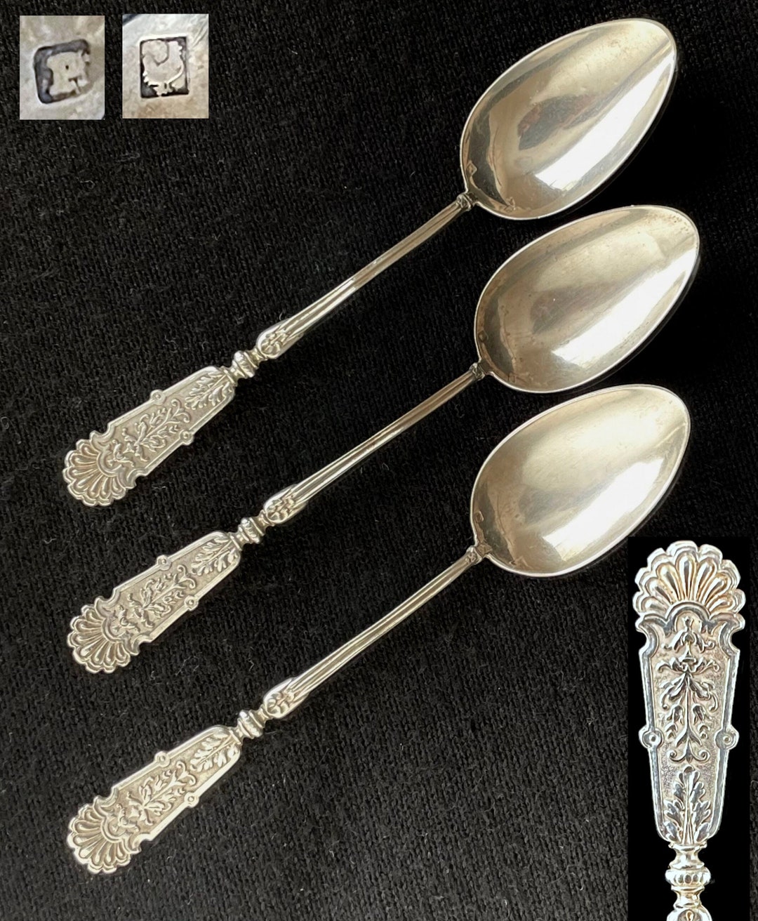 3 Beautiful Old Continental Silver TEA SPOONS Renaissance Revival ...