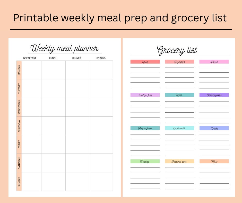 Weekly Meal Plan & Grocery List Printable Templates - Etsy