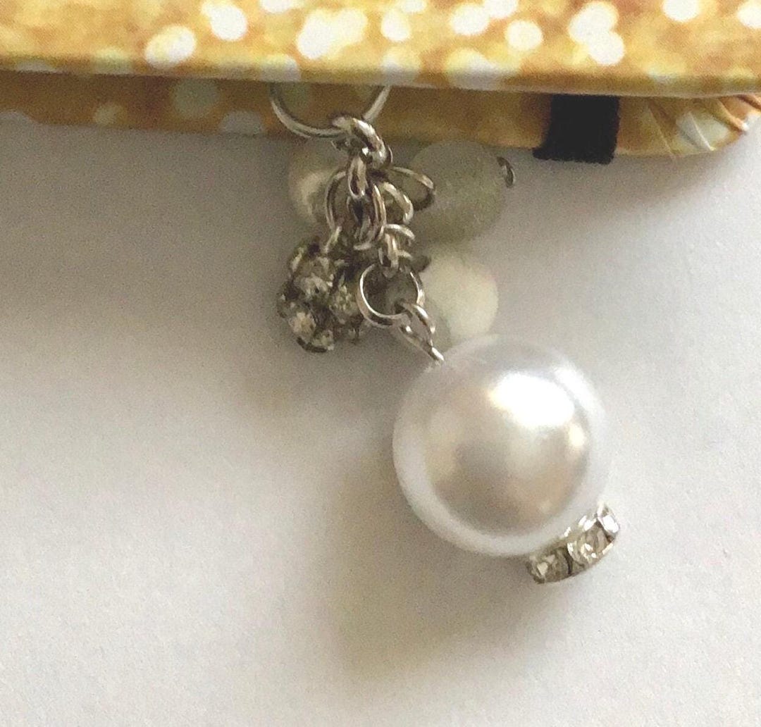 Beaded Paper Clip, White Glossy Bead With Silver Accents and Rhinestone ...