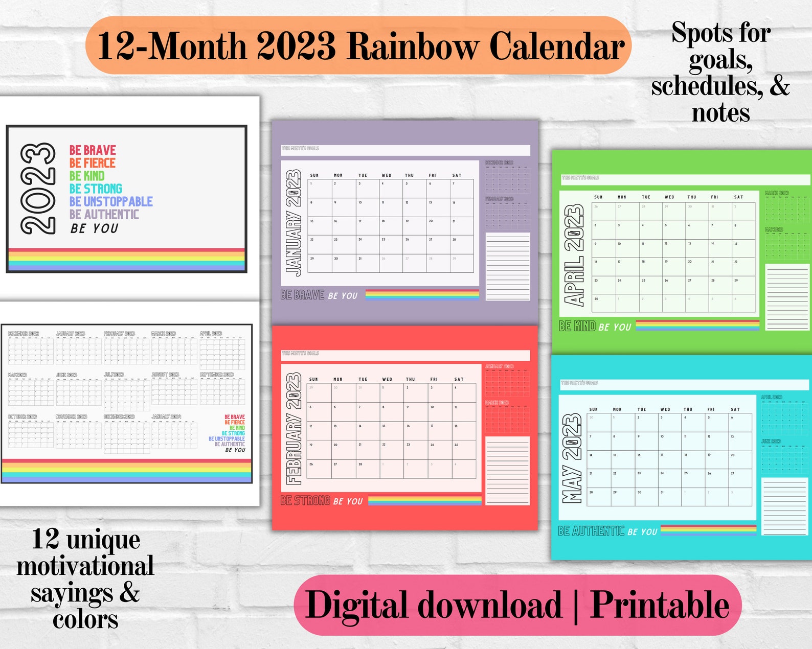2023 Rainbow Inspirational Calendar Printable 12 Months Each - Etsy