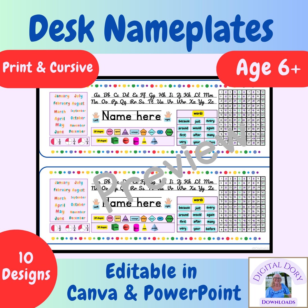 Editable Desk Nameplates, 10 Designs Both Print & Cursive, Canva ...