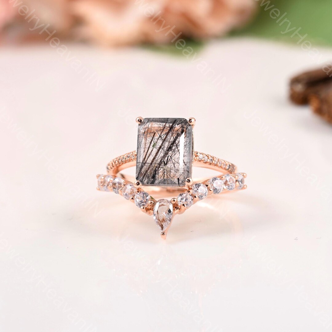 Emerald Cut Black Quartz Rutilated Engagement Ring Set for Women Ring Set Blackstone Ring Art ...