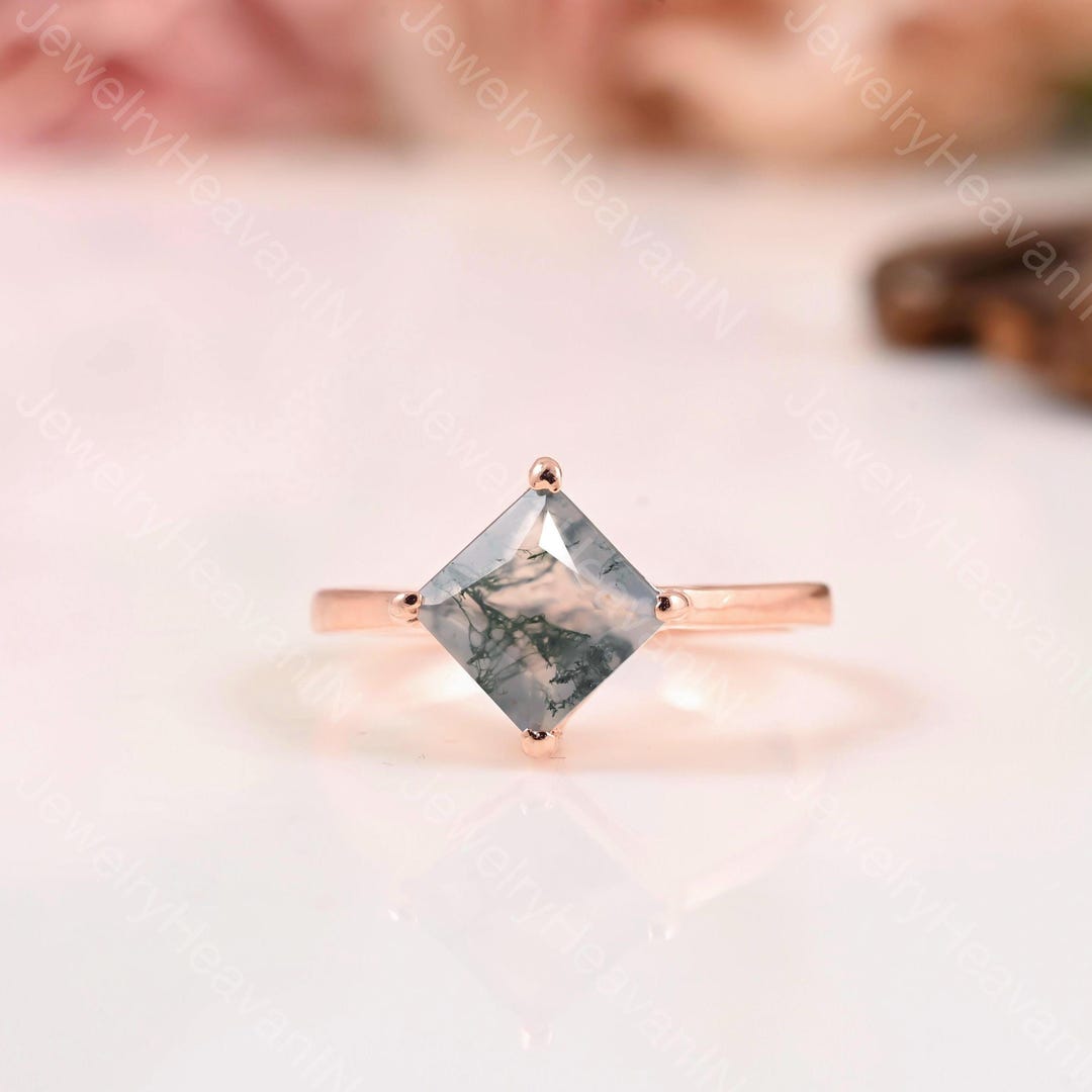 Princess Cut Moss Agate Engagement Ring: Sterling Silver Solitaire - Etsy