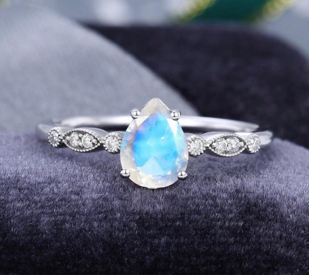 Pear Moonstone Engagement Ring Rose Gold Ring for Women Milgrain Ring ...