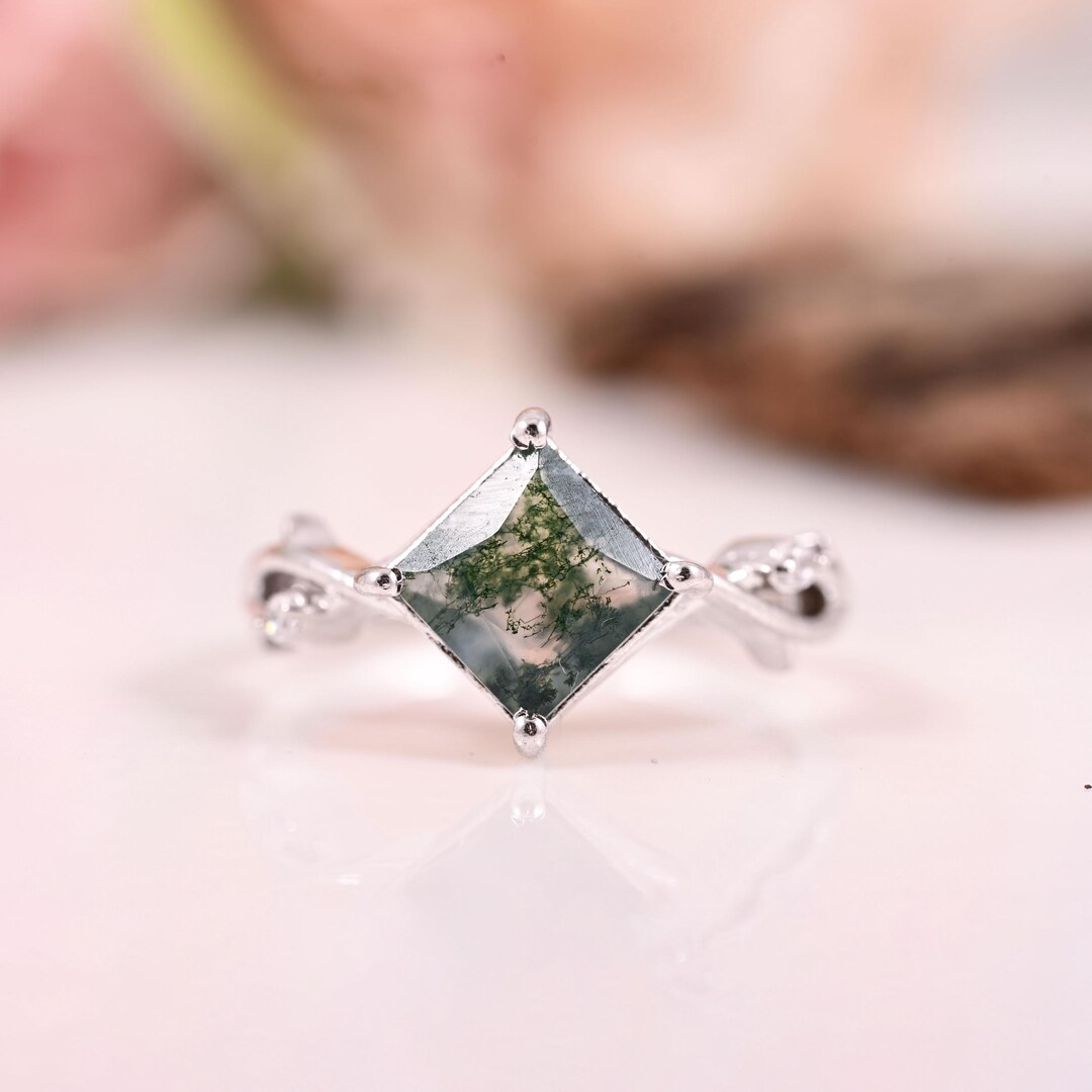 Princess Cut Moss Agate Engagement Ring, Sterling Silver Diamond ...