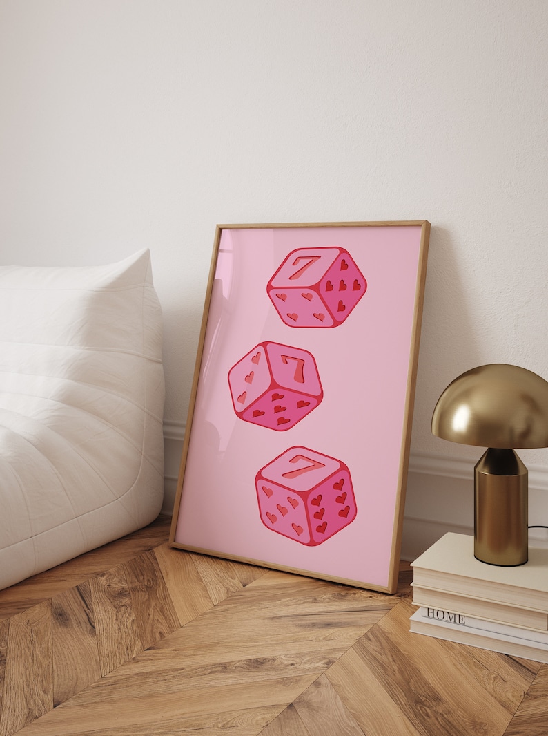 Trendy Retro Wall Art, Lucky Dice Hearts Print, Pink Retro Wall Art ...