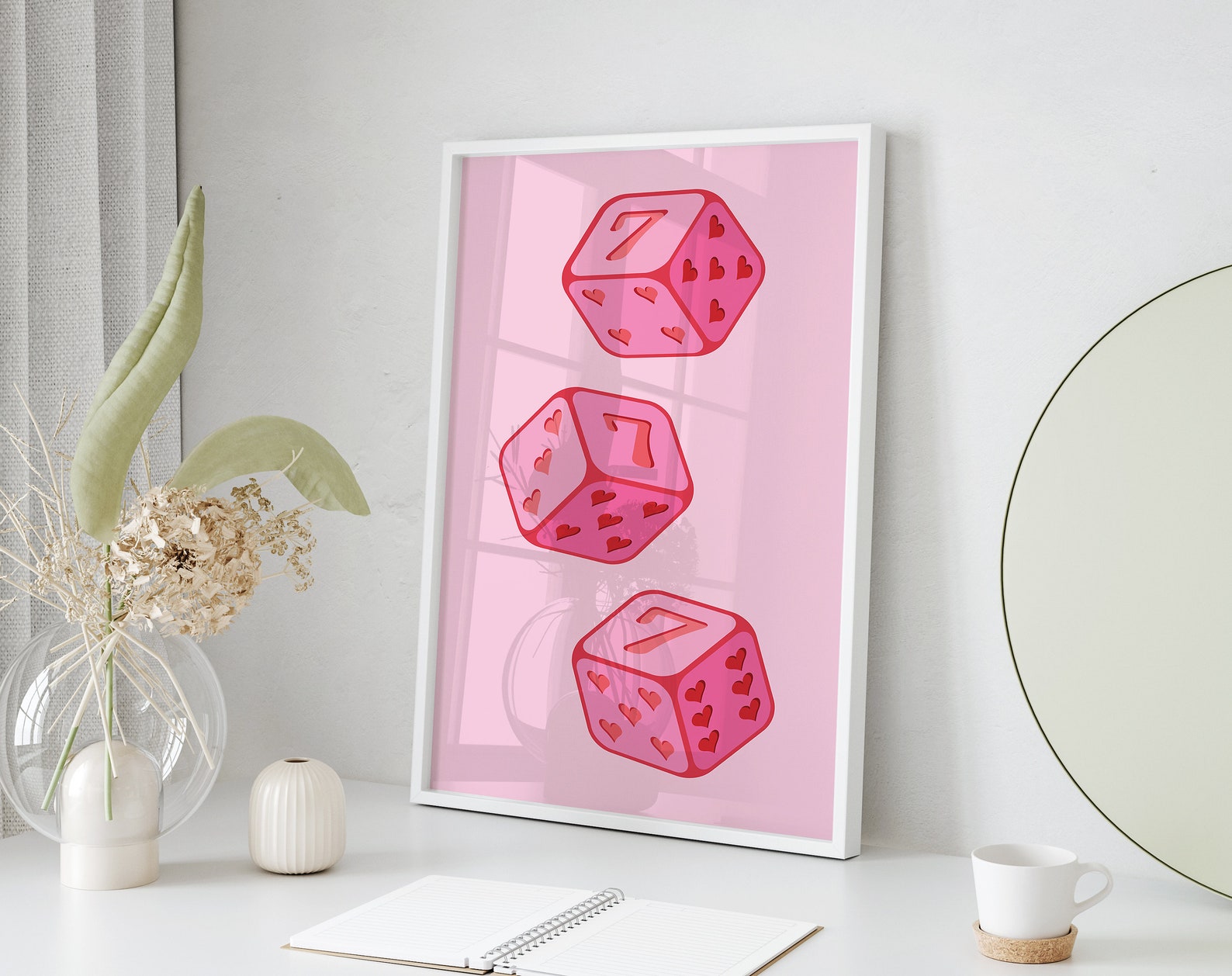Trendy Retro Wall Art, Lucky Dice Hearts Print, Pink Retro Wall Art ...