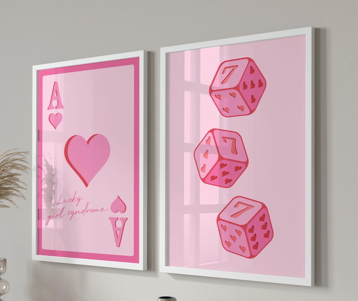 Trendy Retro Wall Art Set of 2, Lucky Dice Print, Ace Card, Lucky Girl ...