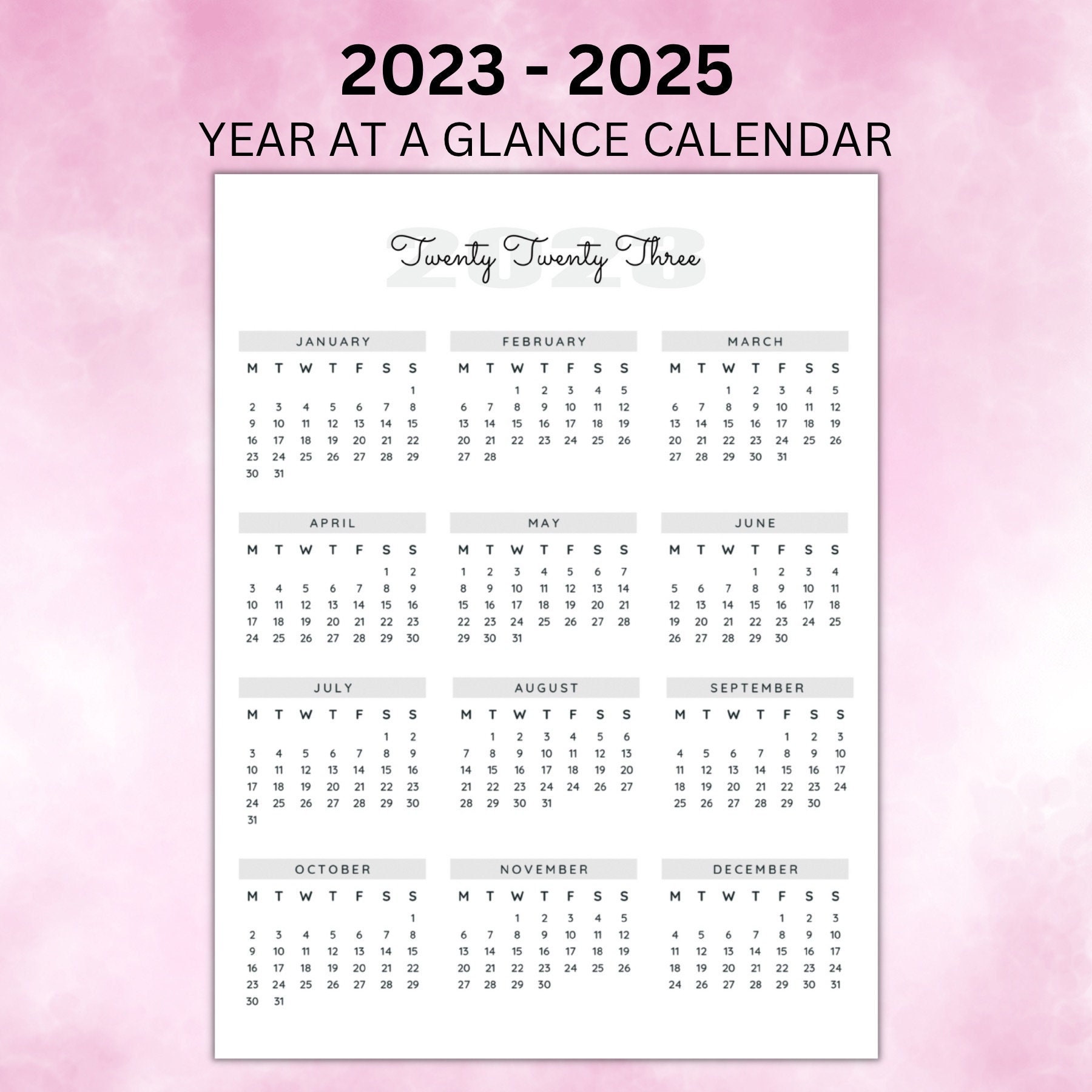 2023 2025 Year at A Glance Printable, Minimalist Calendar, A4, A5, A3 ...
