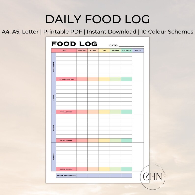 Printable Daily Food Diary Calorie Tracker & Counting PDF, Rainbow , 10 ...