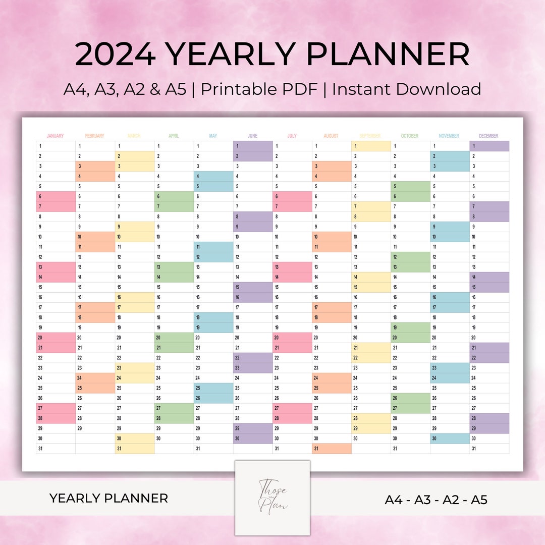 Year at A Glance 2024 Landscape Yearly Planner on One Page Printable ...