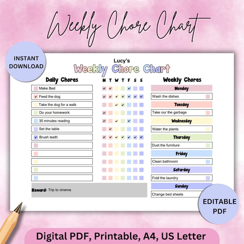 Editable Chore Chart for Kids Printable Kids Daily Weekly Chore List ...