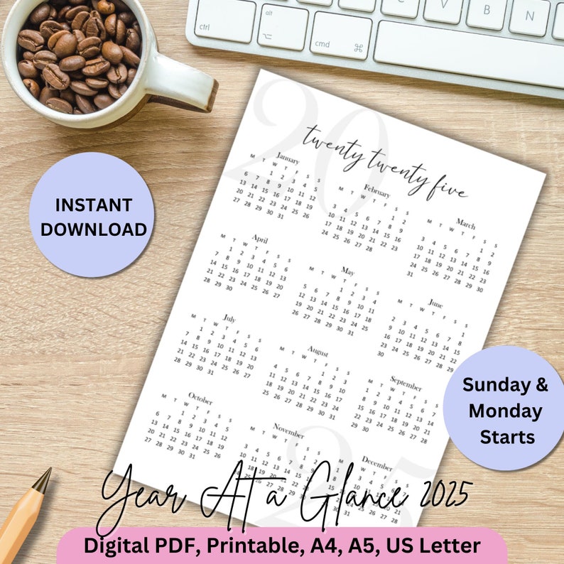 2025 Calendar Planner Printable, Minimalist Yearly A5 A4 Letter, Year ...