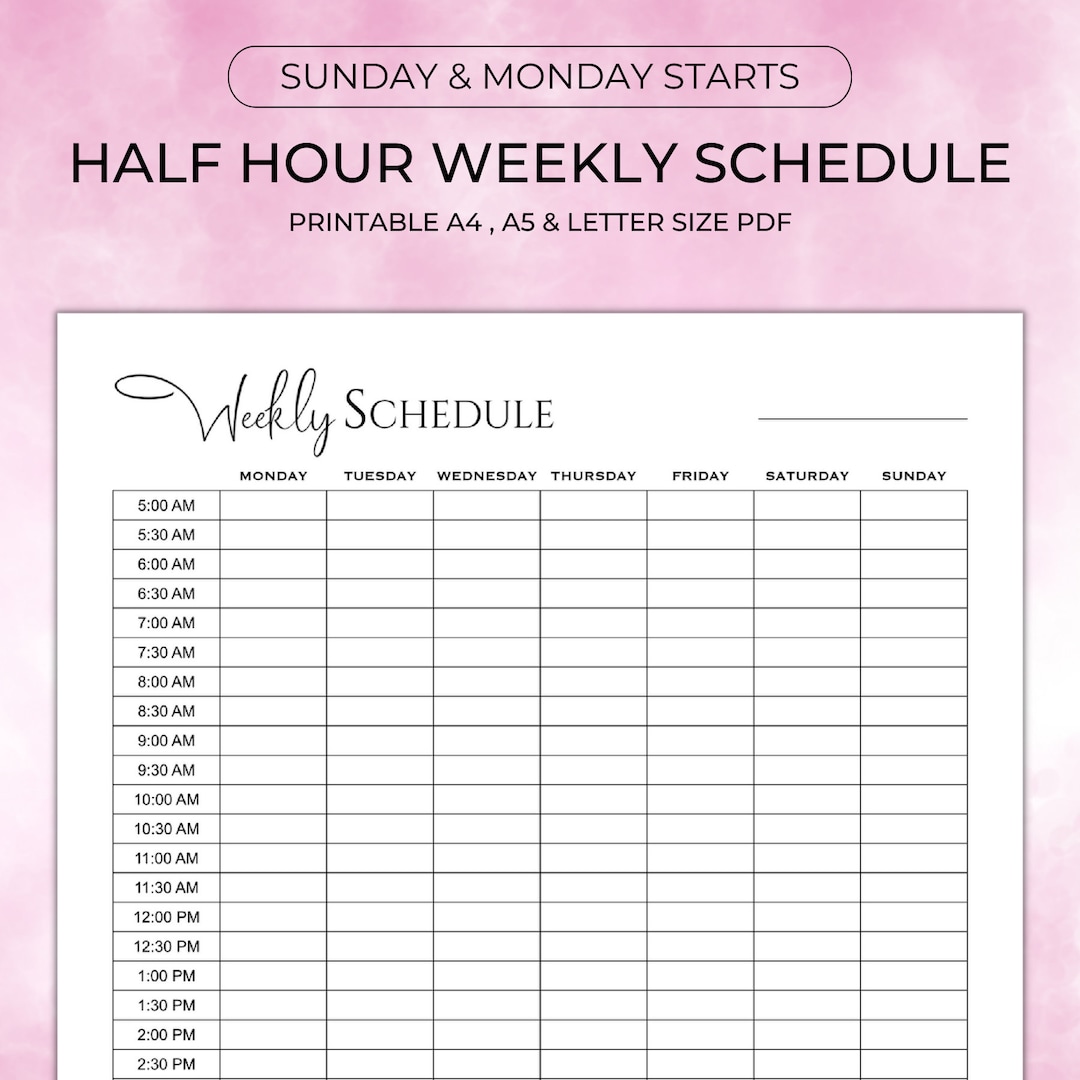 Simple Half Hour Weekly Schedule, Weekly Planner Printable, Weekly to ...