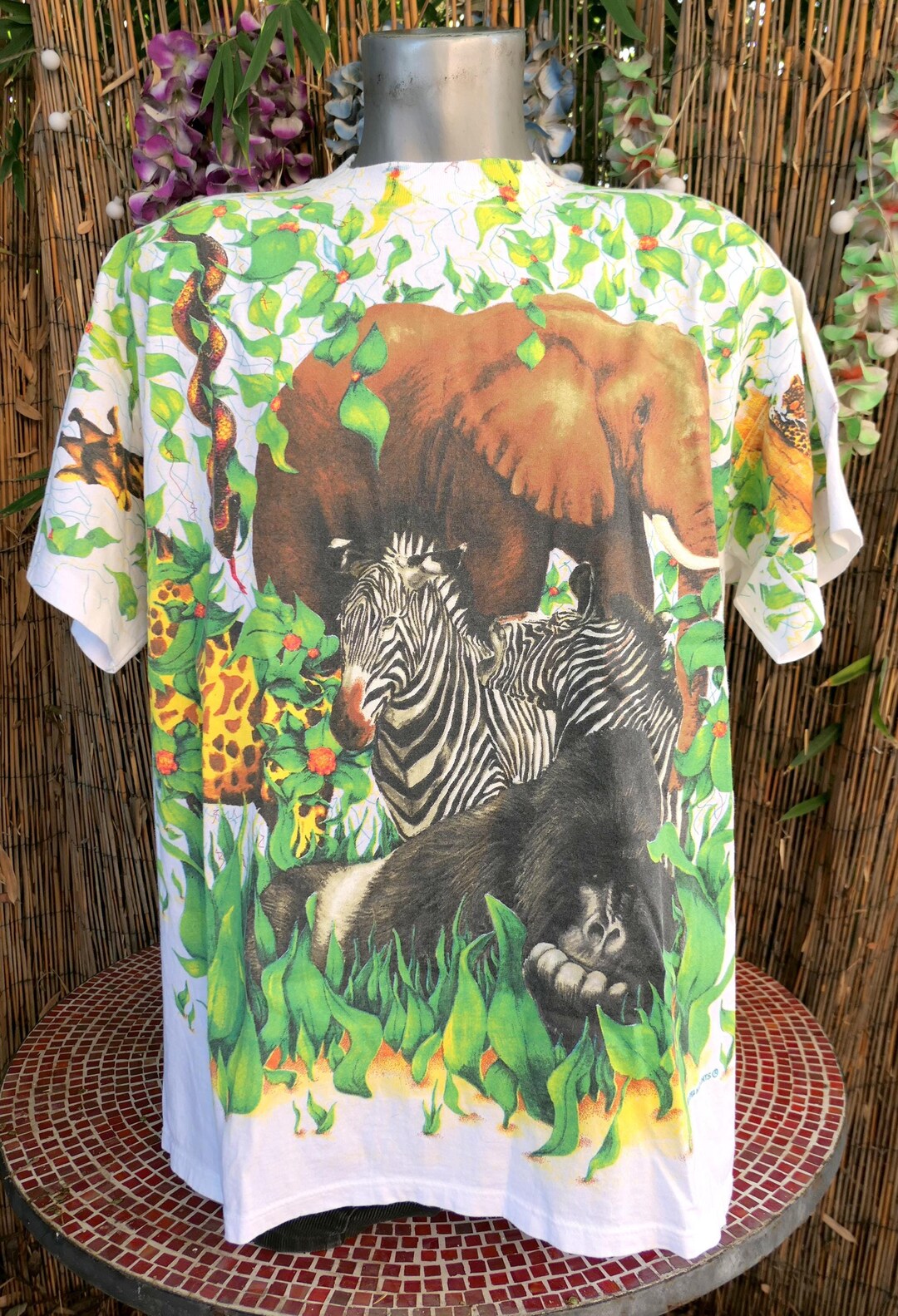 90's Vintage 1992 JUNGLE Ape Elephant Zebra Giraffe All Over Print T ...