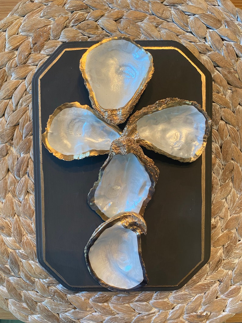 9 X 7 Pearl Oyster Shell Cross on Grey Wooden Board, Coastal Wall Art ...