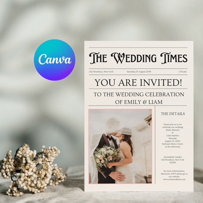 Newspaper Wedding Invitation Template Canva, Unique Wedding Invitation ...