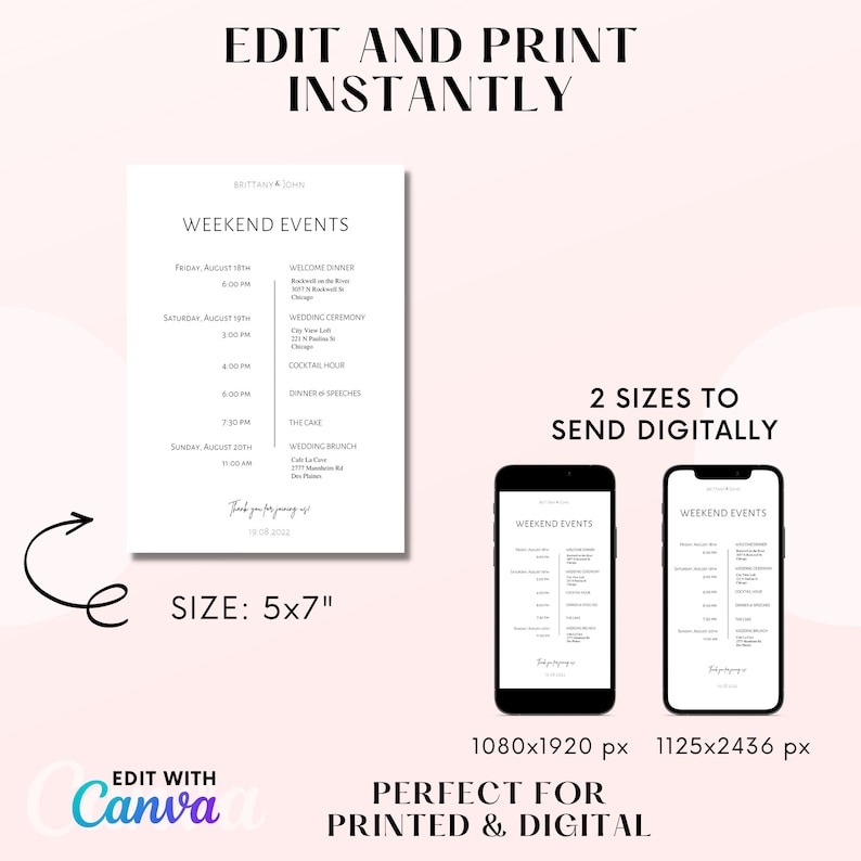 Minimalist Wedding Weekend Events Template, Editable Wedding Itinerary ...