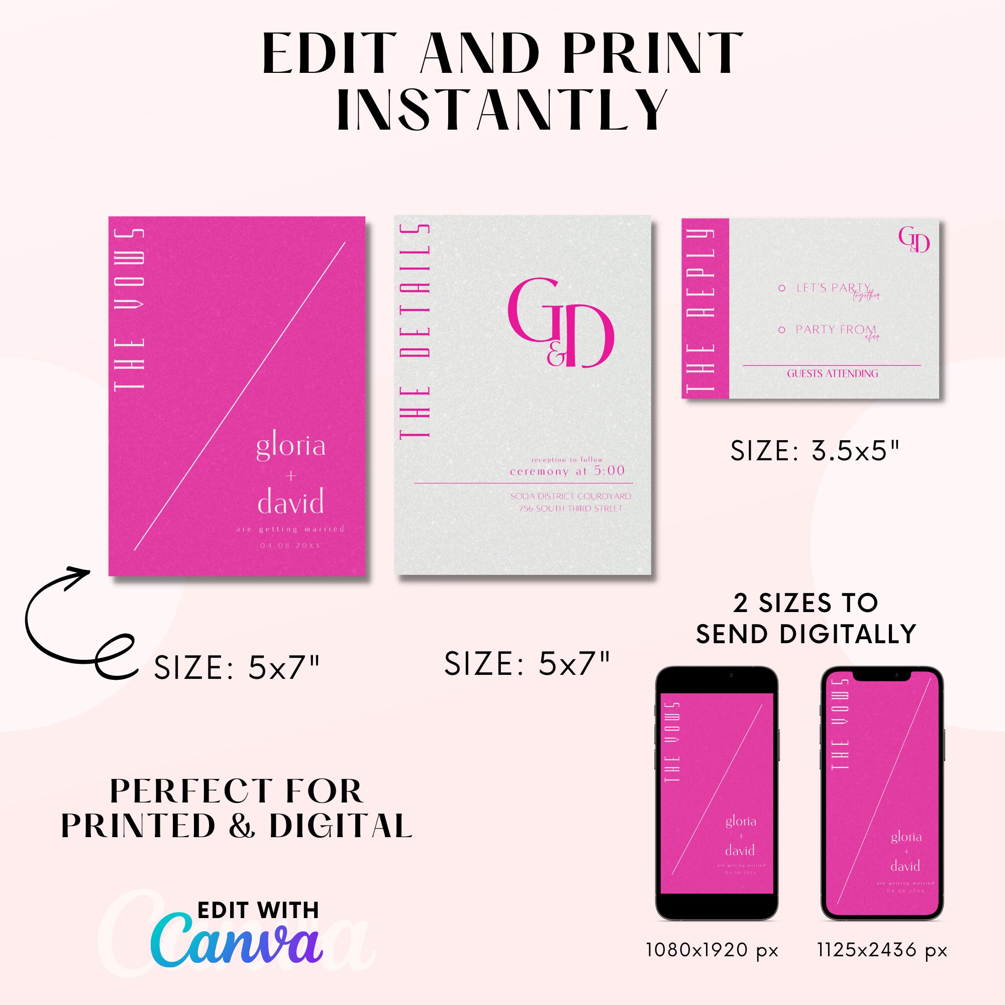 Pink Glitter Wedding Invitation Template Canva, Sparkly Pink and Silver ...