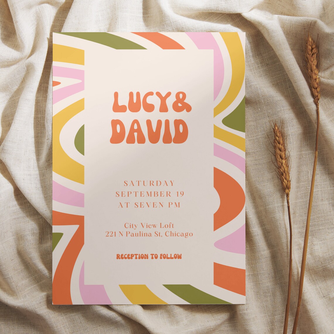Colorful Retro Wedding Invitation Template With RSVP, Retro Wedding ...