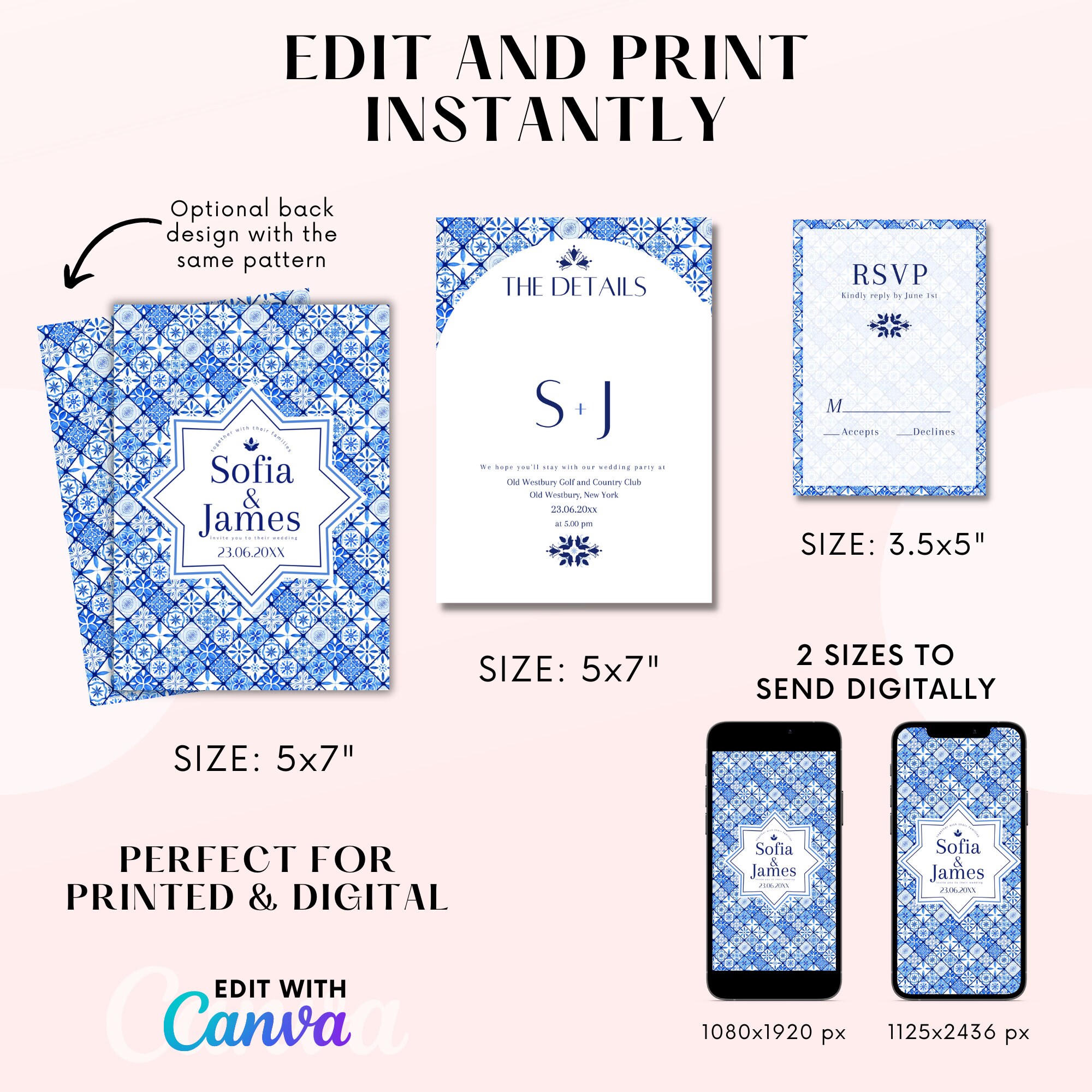 Blue Tile Wedding Invitation Template Spanish Tiles - Etsy