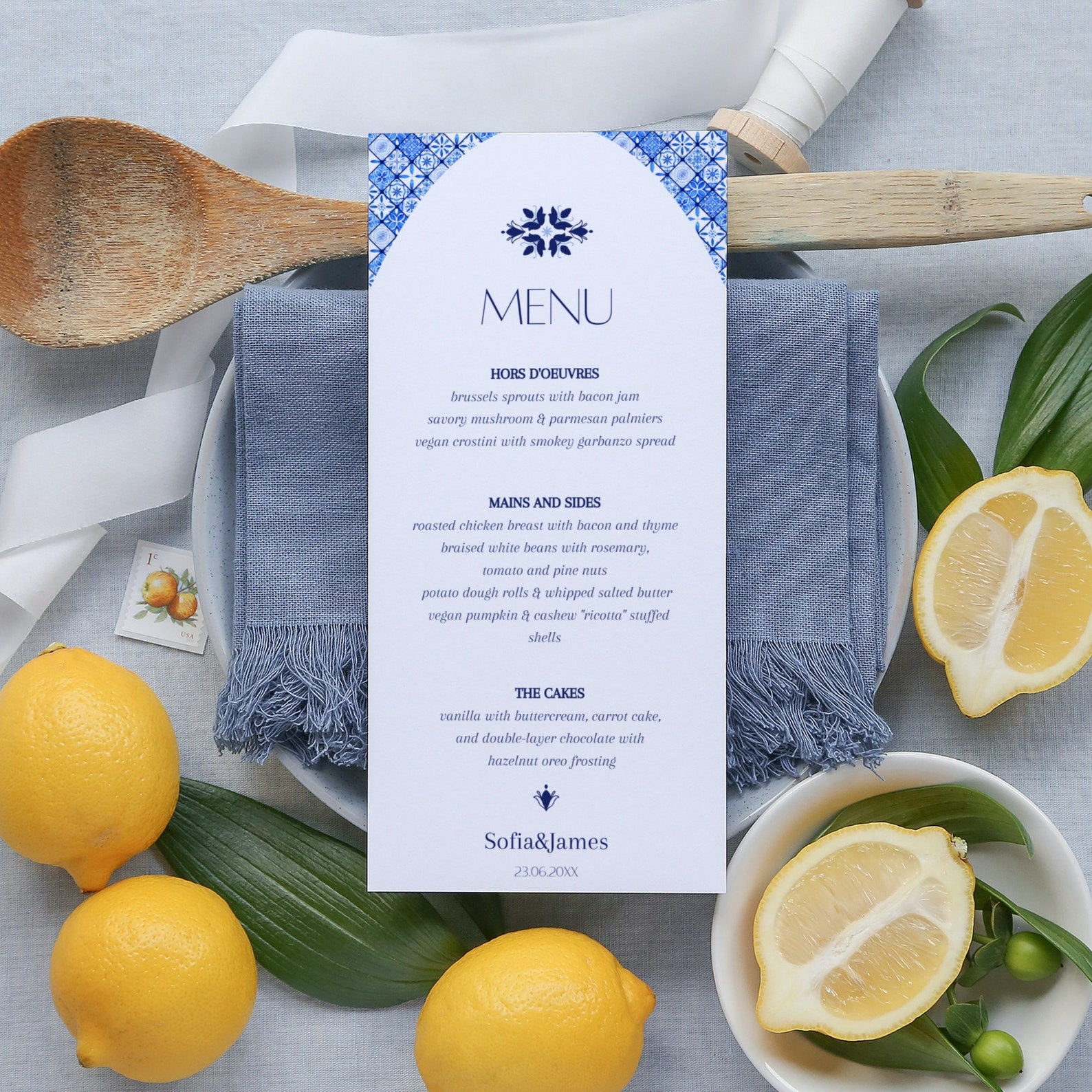 Blue Wedding Menu Card Template, Editable Wedding Dinner Menu ...