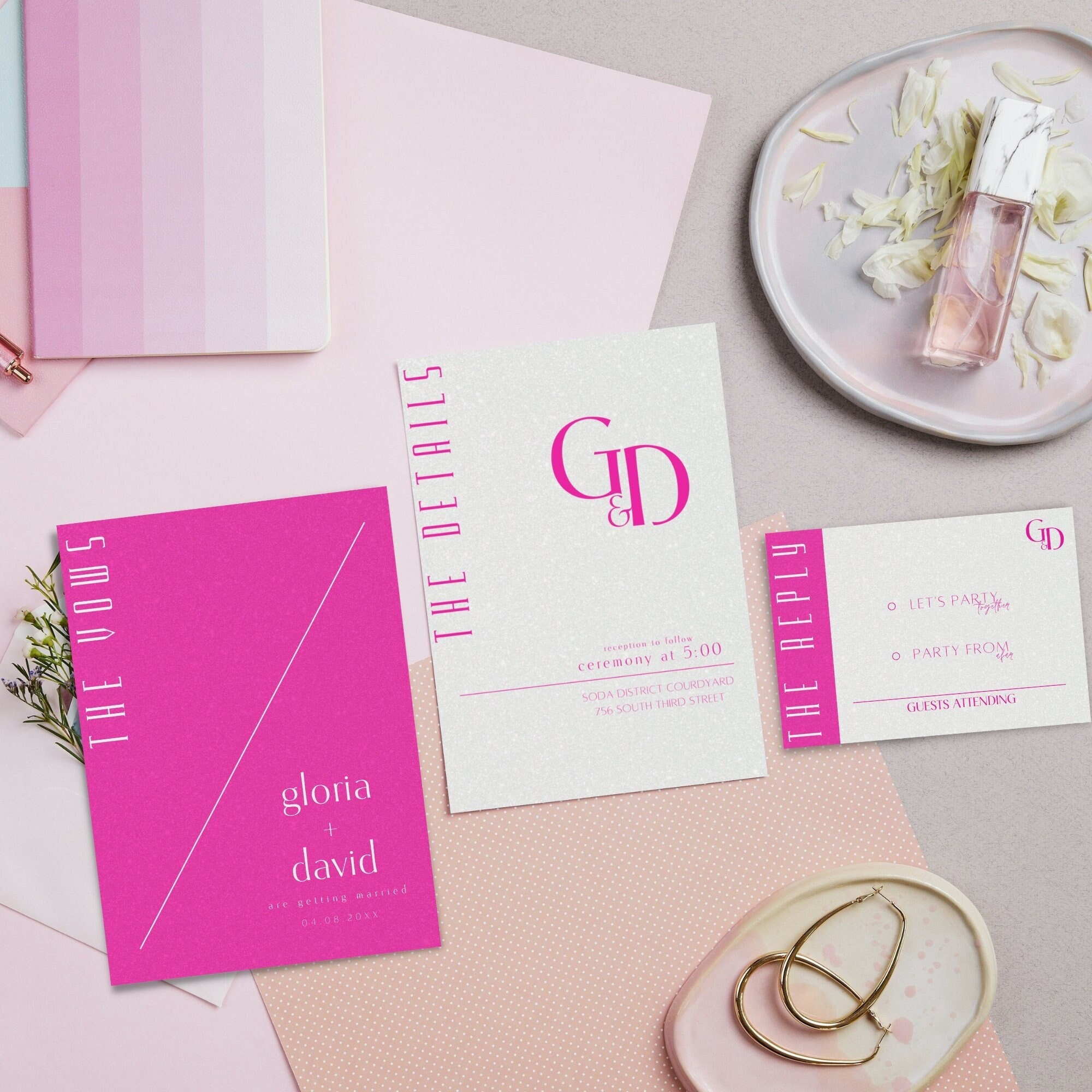 Pink Glitter Wedding Invitation Template Canva, Sparkly Pink and Silver ...