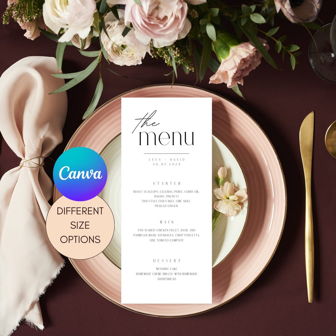 Modern Wedding Menu Template, Elegant Wedding Menu Card, Editable ...