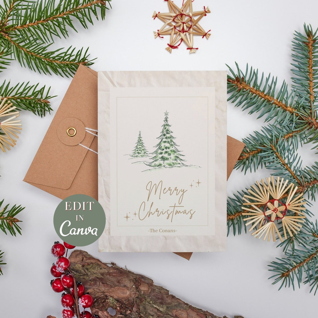 Cabin Christmas Card Printable, Canva Christmas Card Template, Retro ...