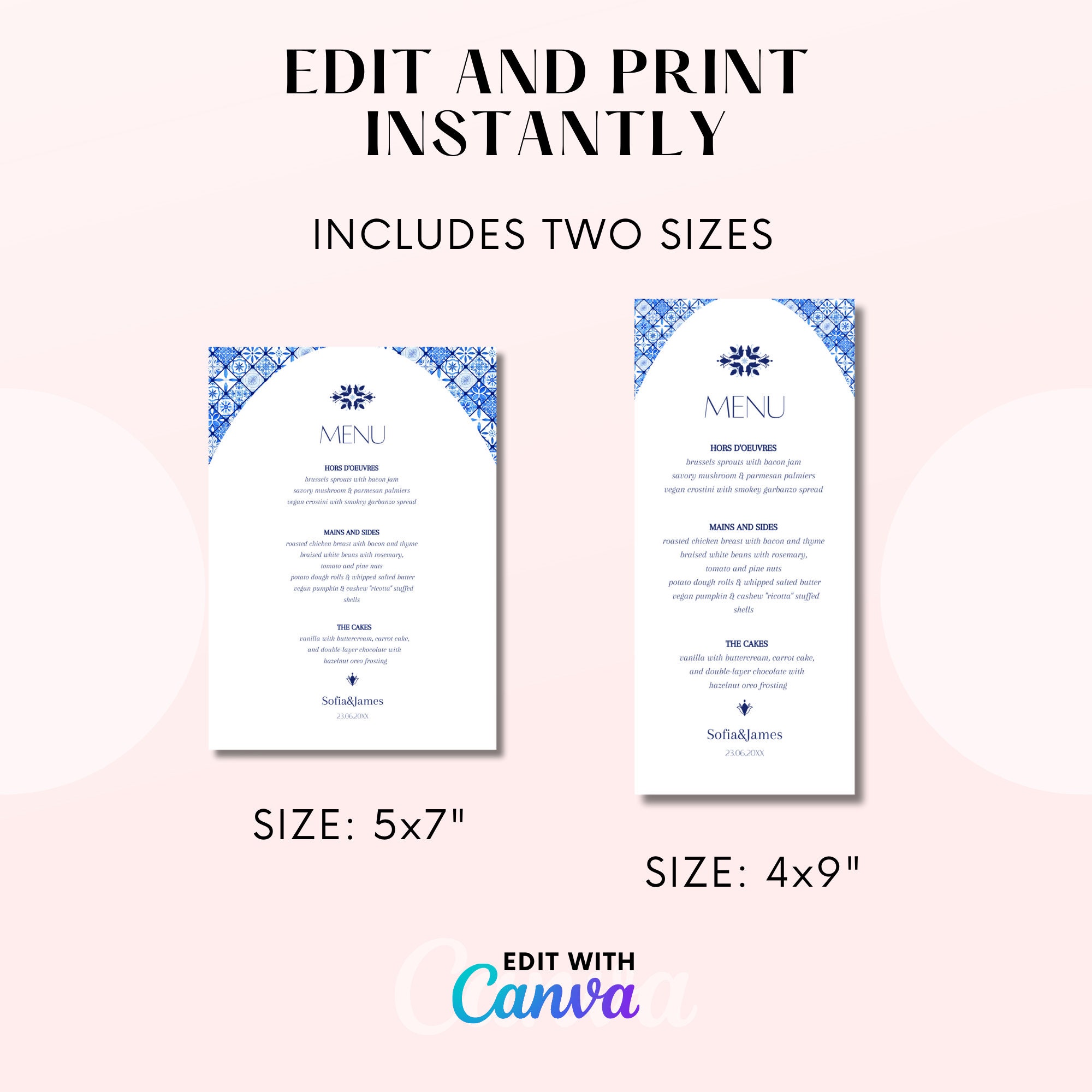 Blue Wedding Menu Card Template, Editable Wedding Dinner Menu ...
