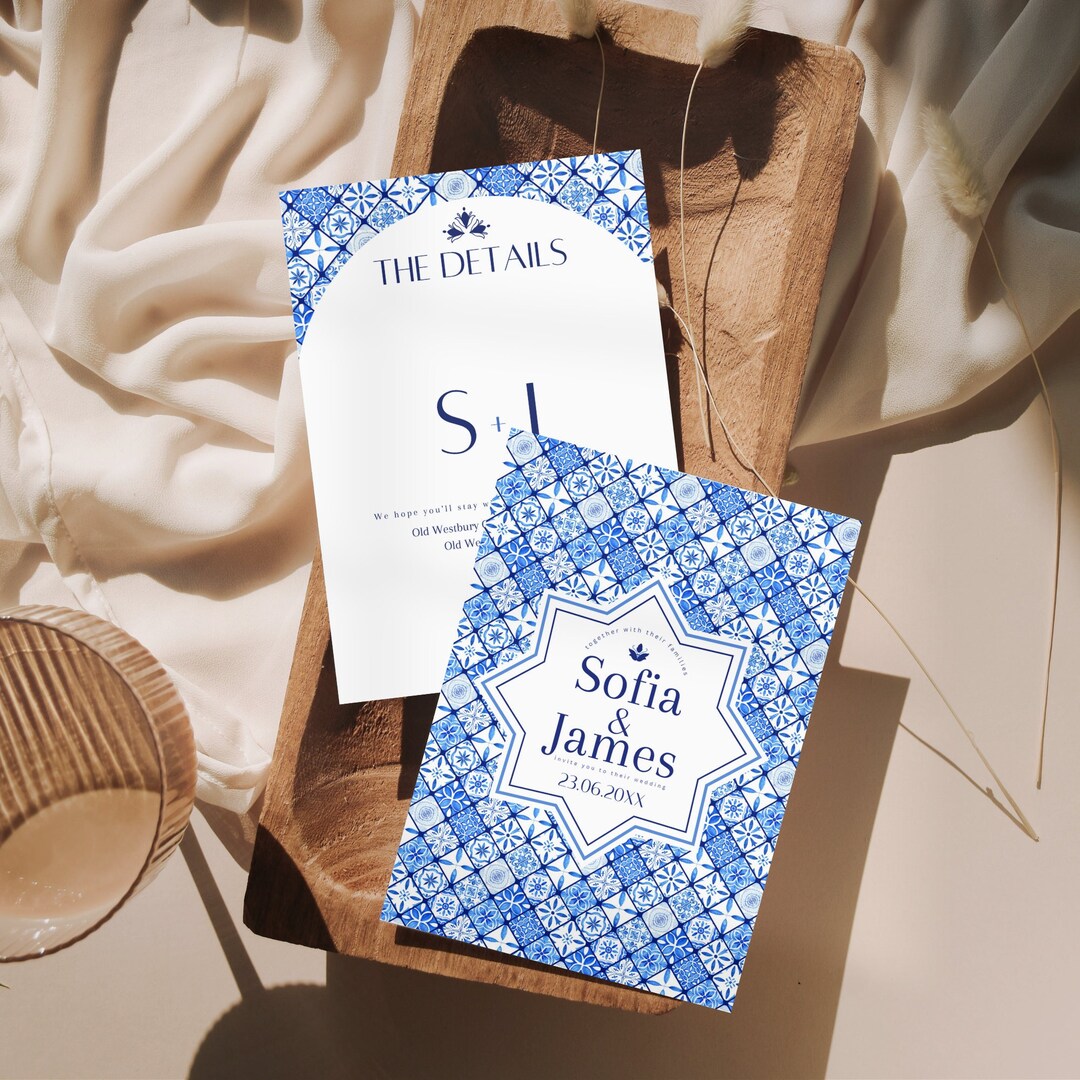 Blue Tile Wedding Invitation Template, Spanish Tiles Invitation With ...