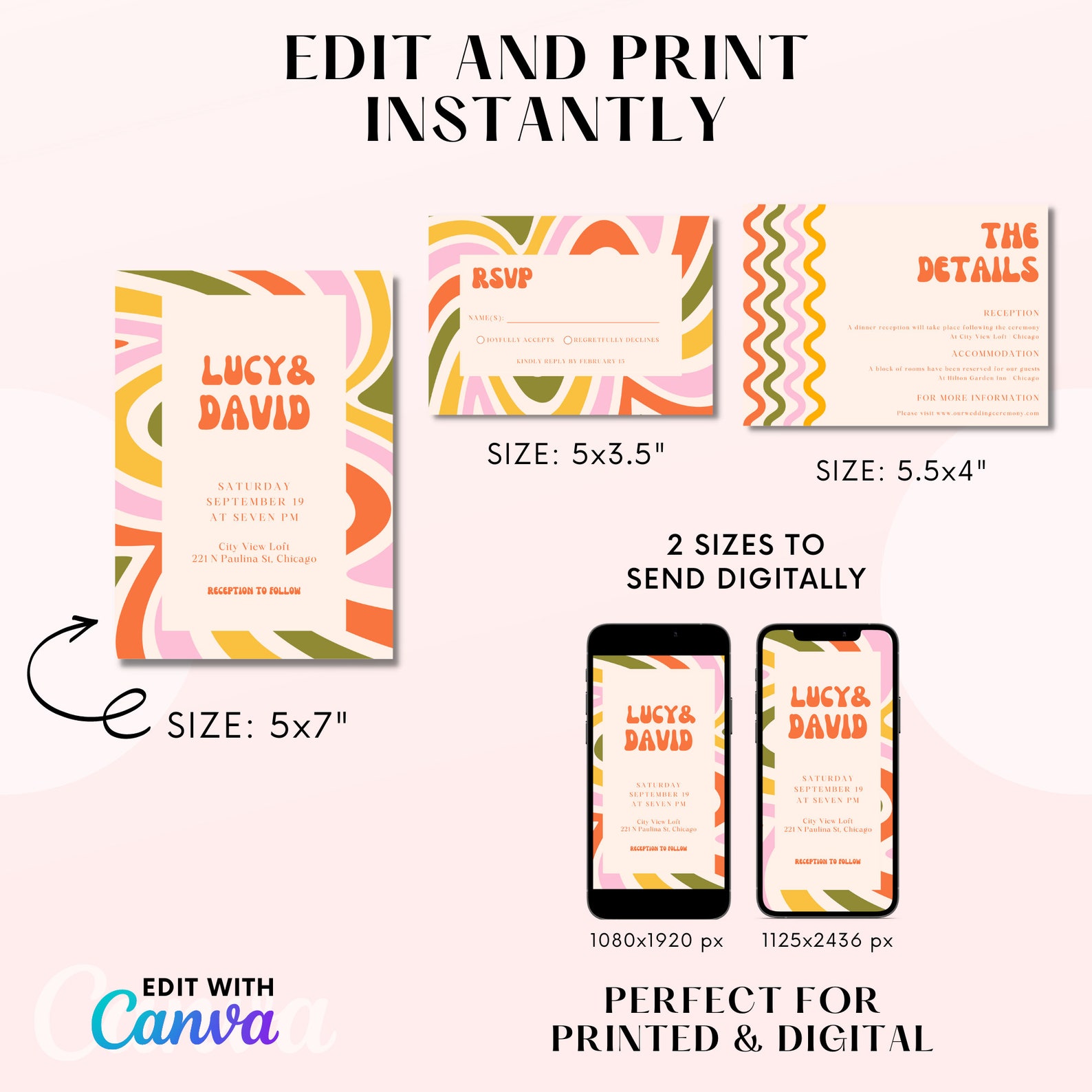 Colorful Retro Wedding Invitation Template With RSVP, Retro Wedding ...