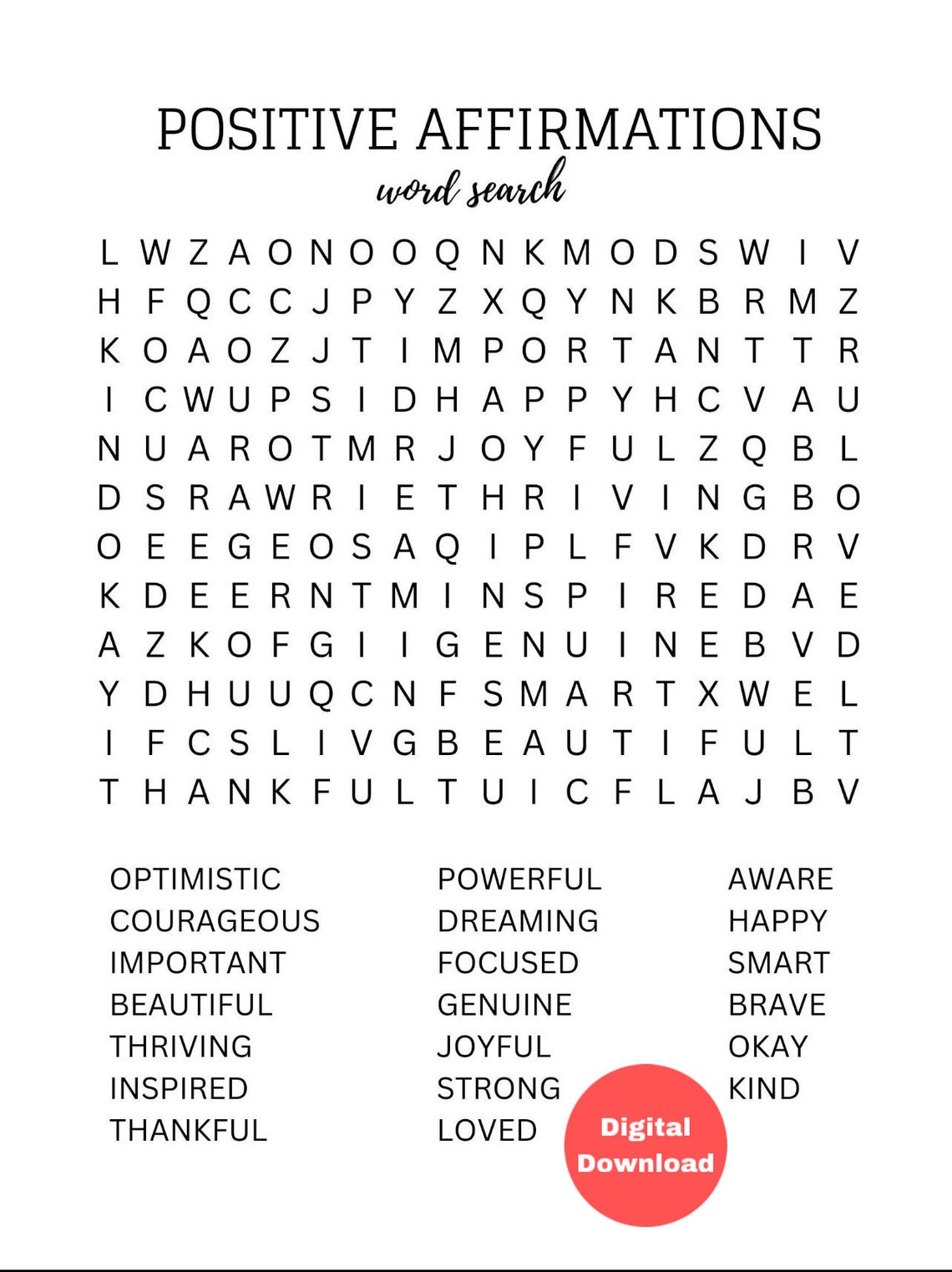 Positive Affirmations Word Search 18"x24" - Etsy