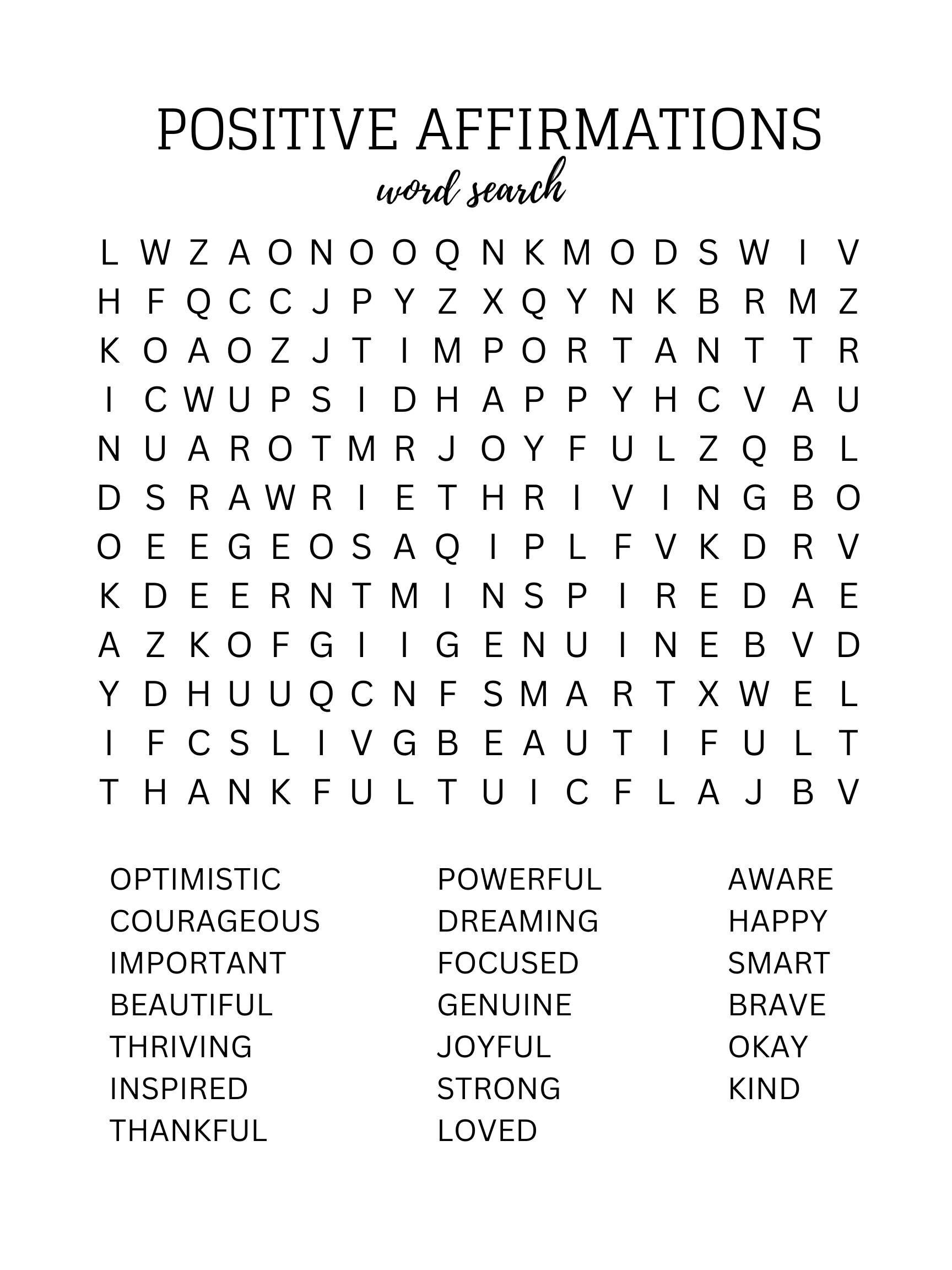 Positive Affirmations Word Search 18x24 Etsy