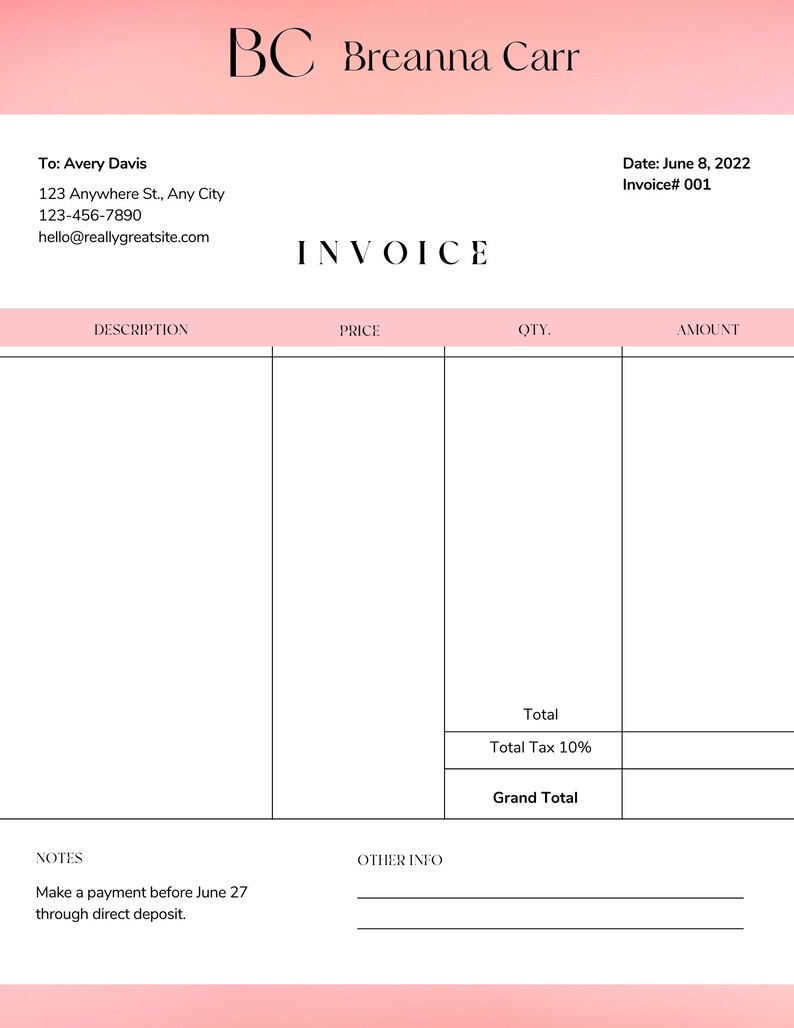 Elegant Pink Minimalist Invoice Template Fully Editable on Canva Ideal ...