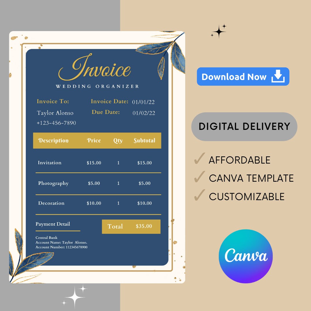 Wedding Planner Invoice Template Fully Editable on Canva Ideal for ...