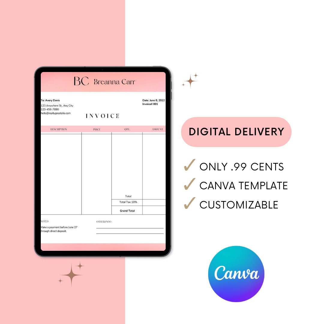 Elegant Pink Minimalist Invoice Template Fully Editable on Canva Ideal ...