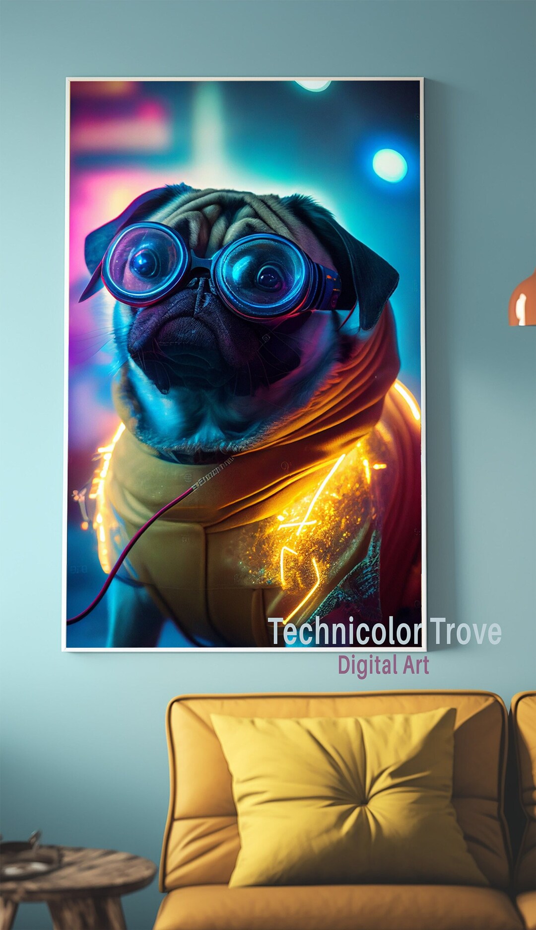 Colorful Pug Digital Art: Adorable Pug in Yellow Coat Neon | Pug Poster ...