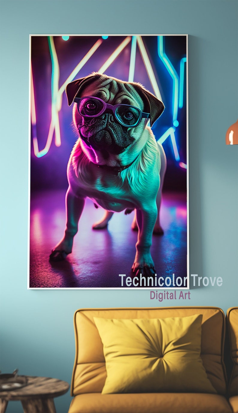 Colorful Pug Digital Art: Resolute Pug in Radiant Eyewear | Neon Art ...