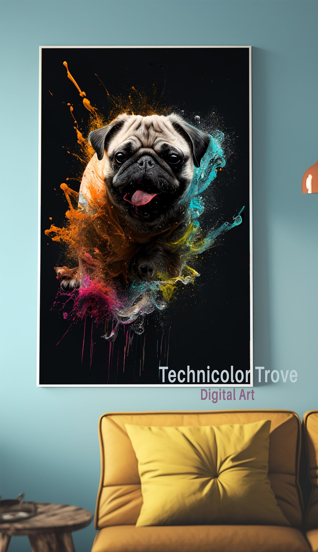 Colorful Pug Digital Art: Pug in Colorful Splash Running | Pug Poster ...