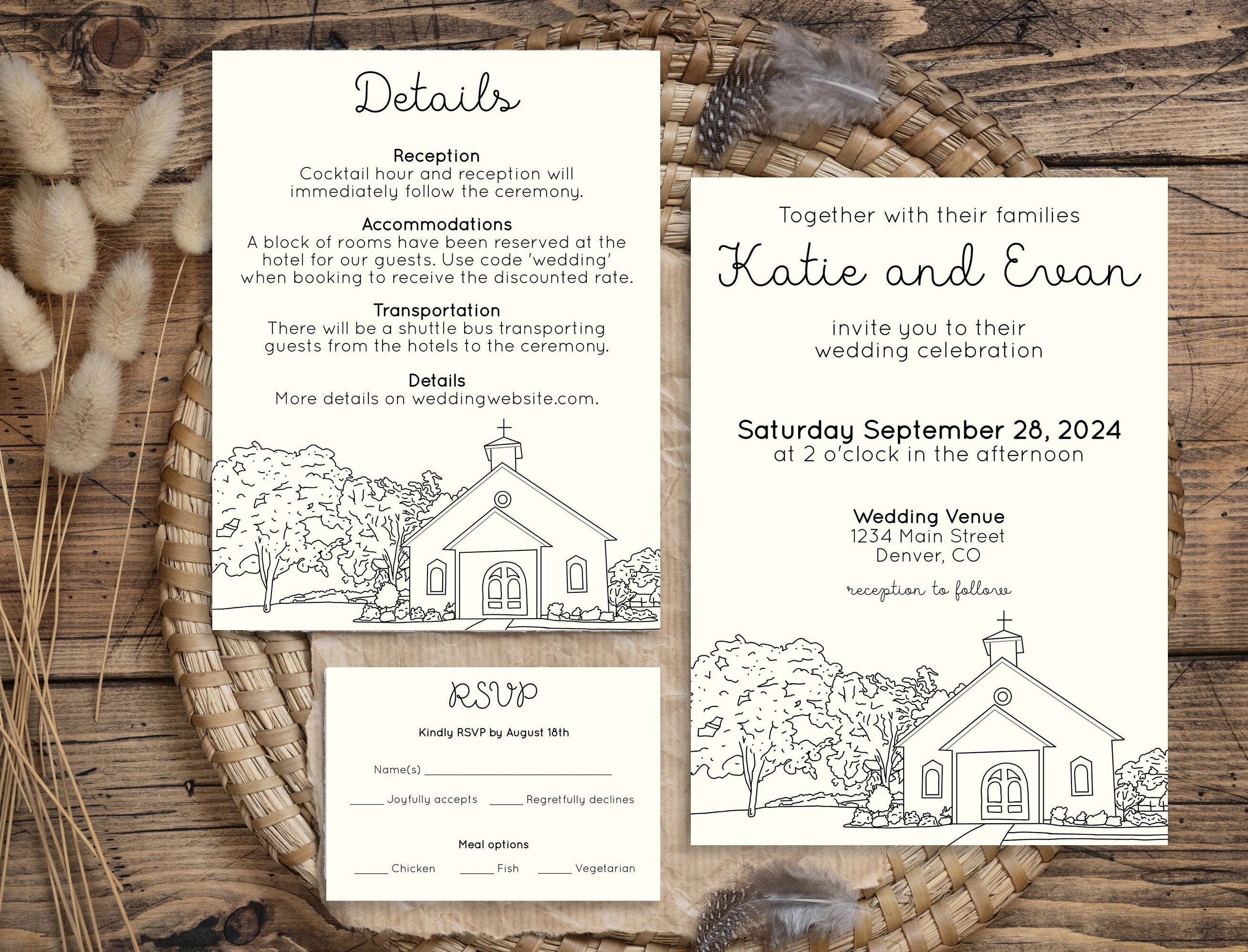 Customizable Wedding Invitation Template Hand-drawn Chapel Venue ...