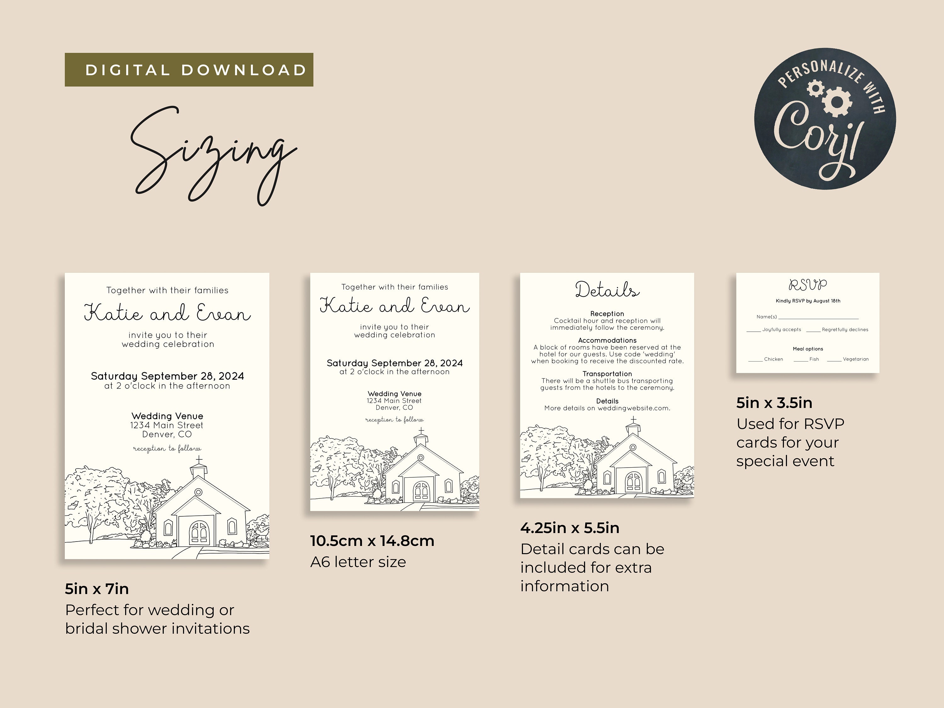 Customizable Wedding Invitation Template Hand-drawn Chapel Venue ...