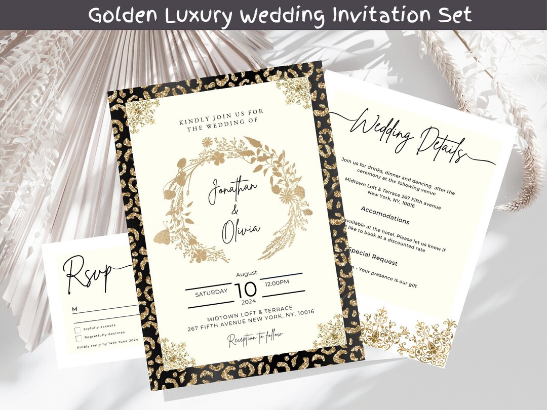 Golden Wedding Invitation Set Template, Editable Golden Invite ...